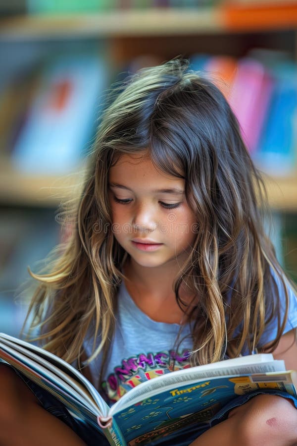 Little Girl Reading a Book in a Cozy Library Corner Stock Photo - Image ...