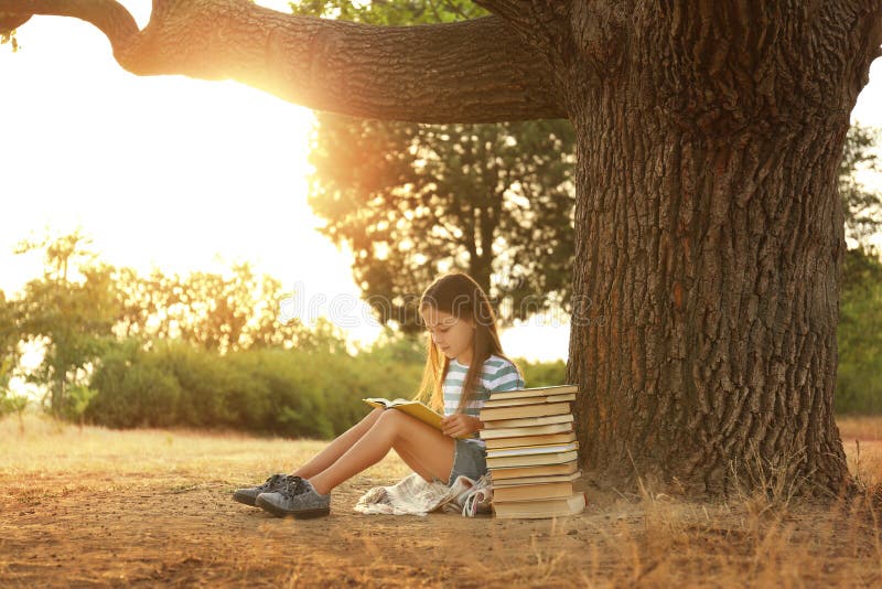 Cute Little Girl Reading Book Near Tree in Park Stock Image - Image of ...