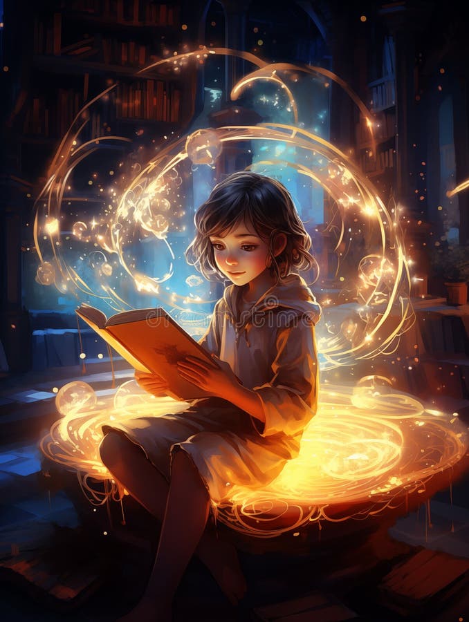 Little Girl Reading a Magic Book. Stock Illustration - Illustration of ...