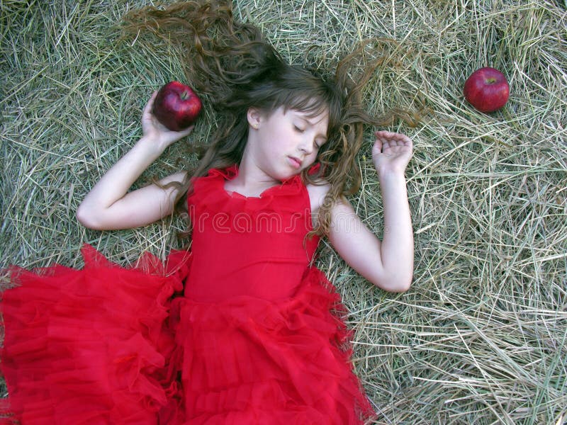 Little Girl in Red Dress Sleeping on the Haystack Stock Image - Image ...