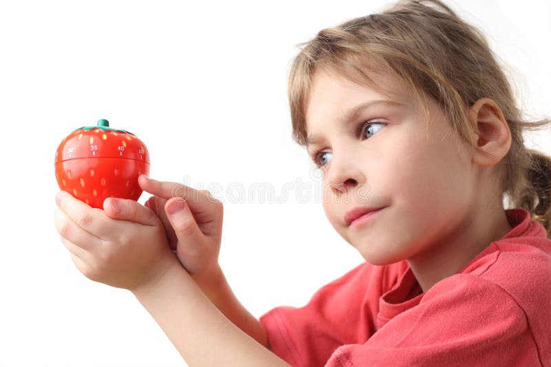 Little Girl in Red Shirt Holding Kitchen Timer Stock Photo - Image of ...