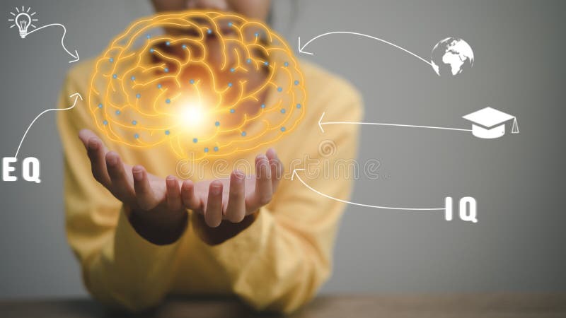 Little Girl`s Hands Holding the Brain.for Development Ahead Tiny Person ...