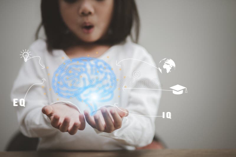 Little Girl`s Hands Holding the Brain.for Development Ahead Tiny Person ...