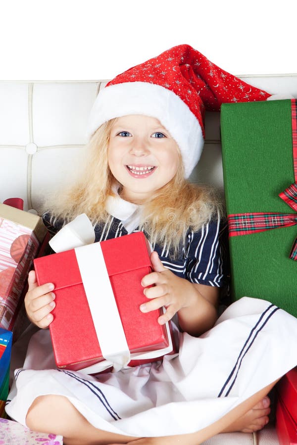 Little Girl in Santa Helper Hat with Gift Stock Image - Image of ...