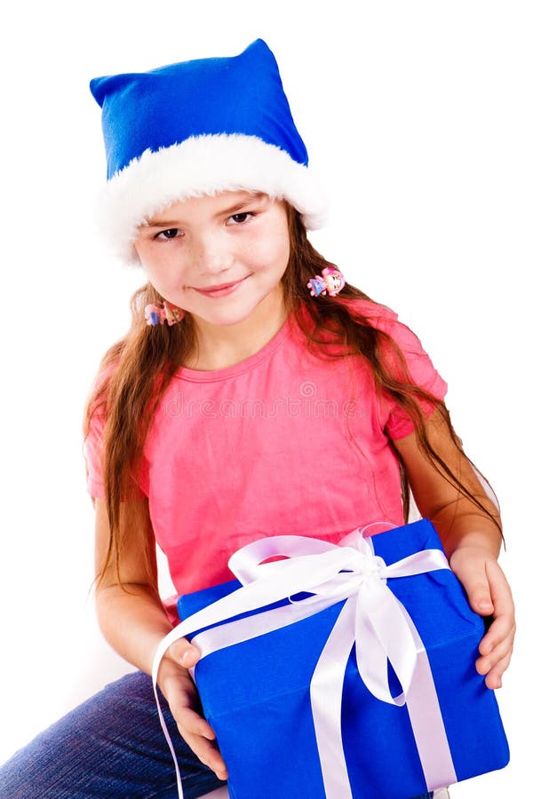 Little Girl in Santa S Hat with Blue Gift Box Stock Image - Image of ...