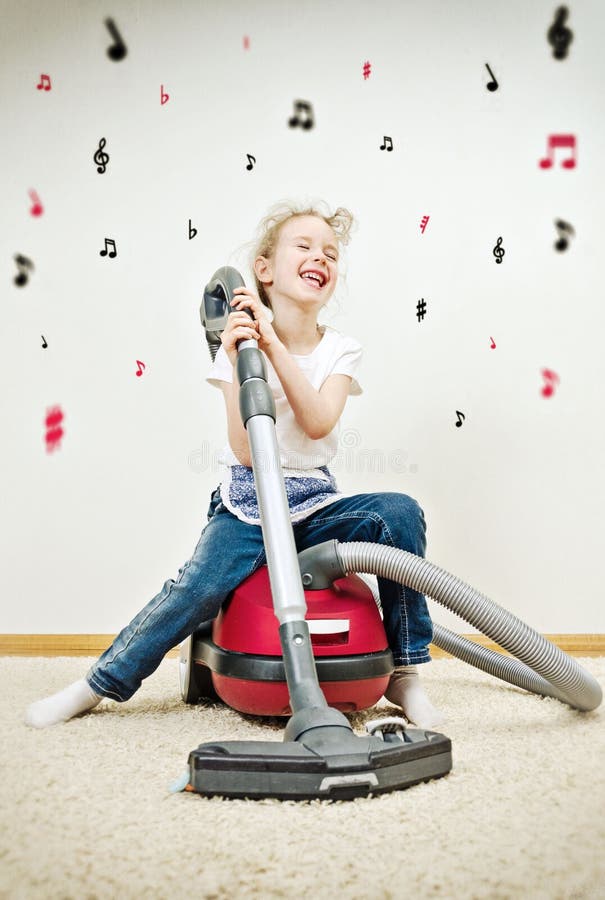 Little Girl Singing during Cleaning the Flat. Stock Photo - Image of ...