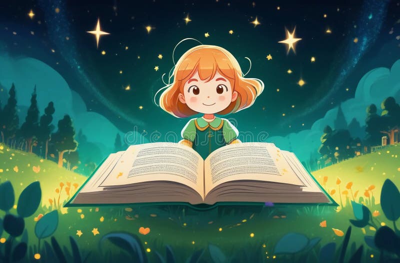 A Little Girl Sits in Front of an Open Magic Book. Simple Illustration ...