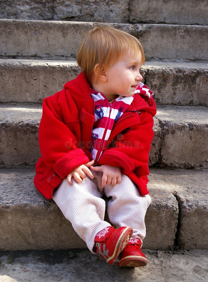 Little Girl Sits on a Ladder Stock Image - Image of smiling, single ...