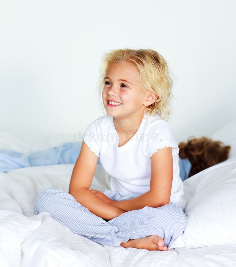 Little Girl Sitting on Bed before Sleeping Stock Image - Image of child ...