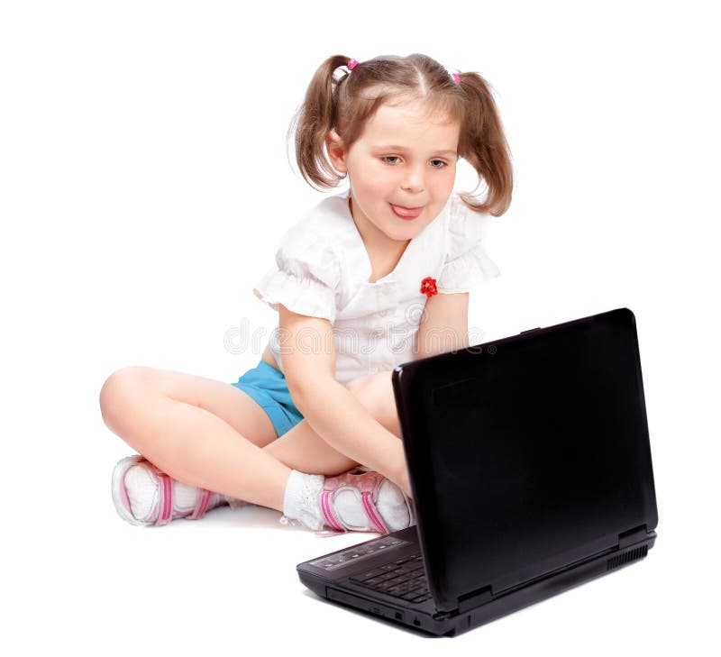 Little Girl Sitting at the Computer Stock Photo - Image of caucasian ...