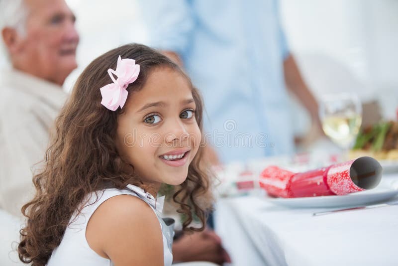 Little Girl Sitting at Table for Christmas Dinner Stock Image - Image ...
