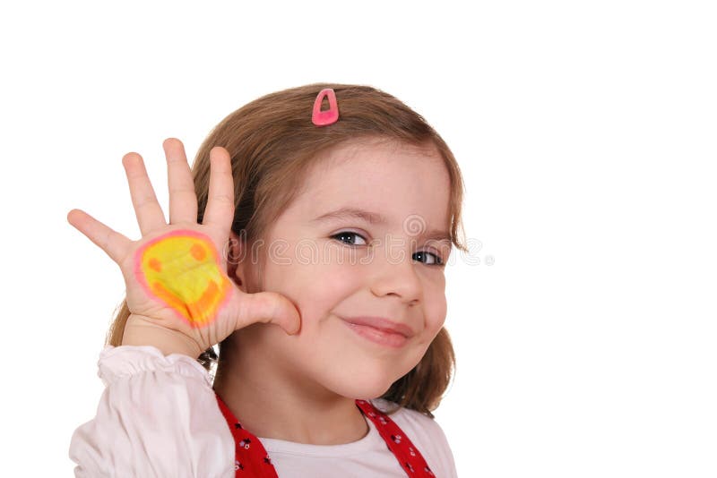 Little Girl with Smiley on Hand Stock Photo - Image of people, smile ...
