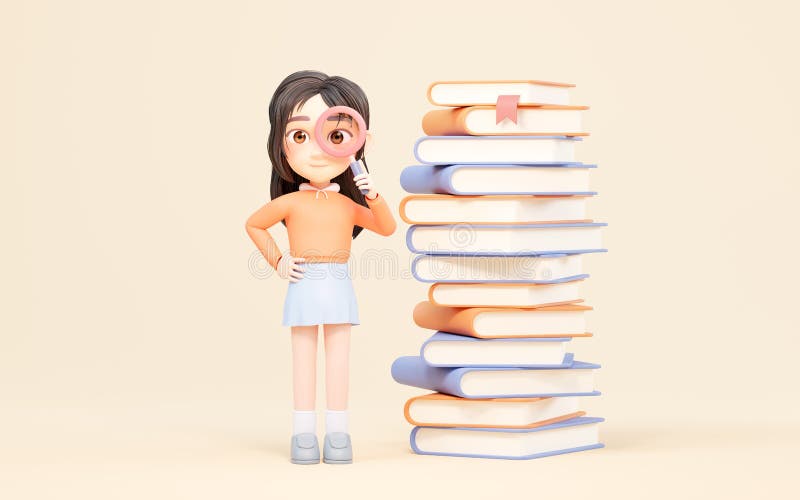 Little Girl and Stack of Books, 3d Rendering Stock Illustration ...