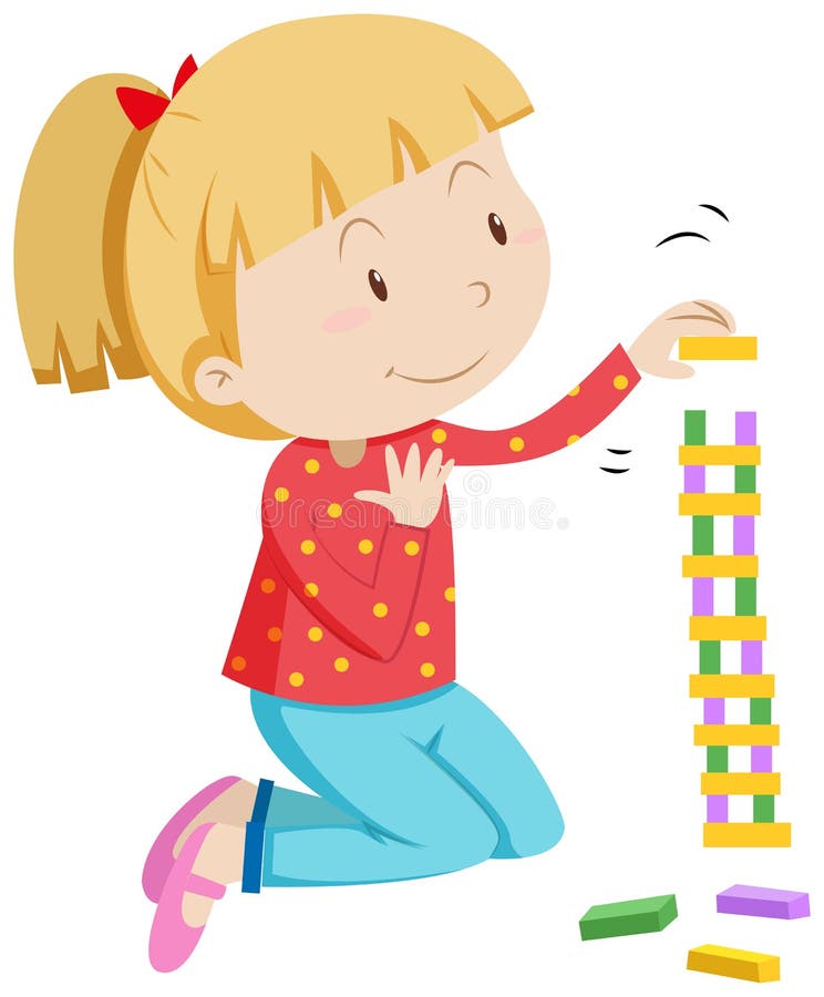 Little Girl Stacking Wooden Blocks Stock Vector - Illustration of happy ...