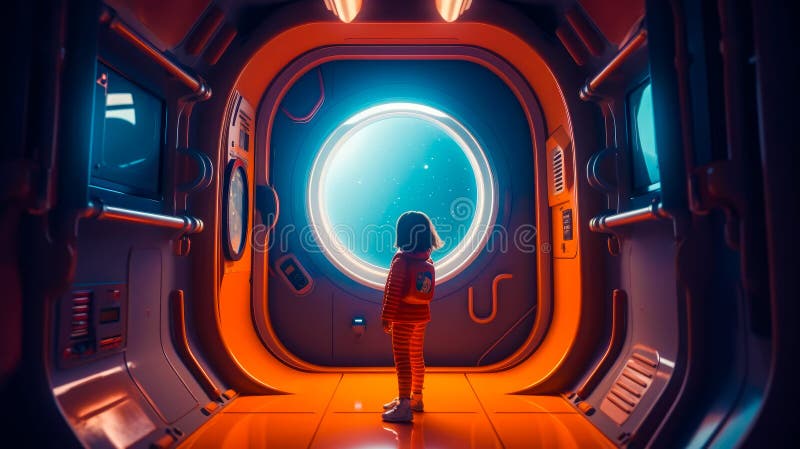 Little Girl is Standing in Space Station. Generative AI Stock ...