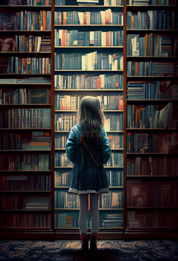 A Little Girl Stands in the Hall of a Huge Library. AI Generated Stock ...