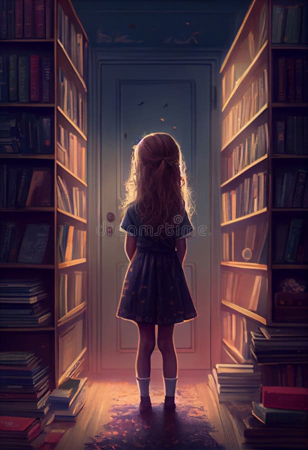 A Little Girl Stands in the Hall of a Huge Library. AI Generated Stock ...