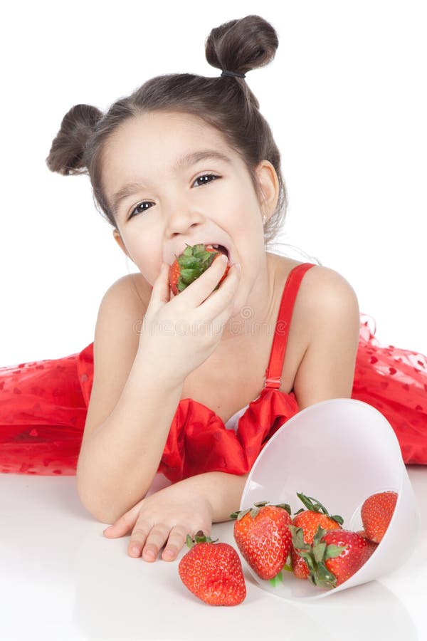 Little Girl with Strawberry on White Background Stock Photo - Image of ...