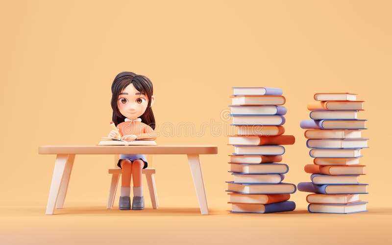 Little Girl Study Hard, Learning at Desk, 3d Rendering Stock ...