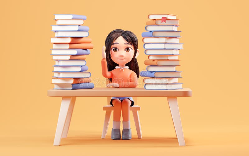 Little Girl Study Hard, Learning at Desk, 3d Rendering Stock ...