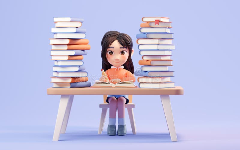 Little Girl Study Hard, Learning at Desk, 3d Rendering Stock ...