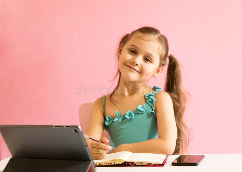 Little Girl Studying Online at Home Stock Photo - Image of education ...
