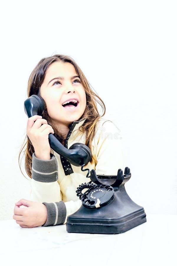 Little Girl Talking on the Old Vintage Phone Stock Image - Image of ...