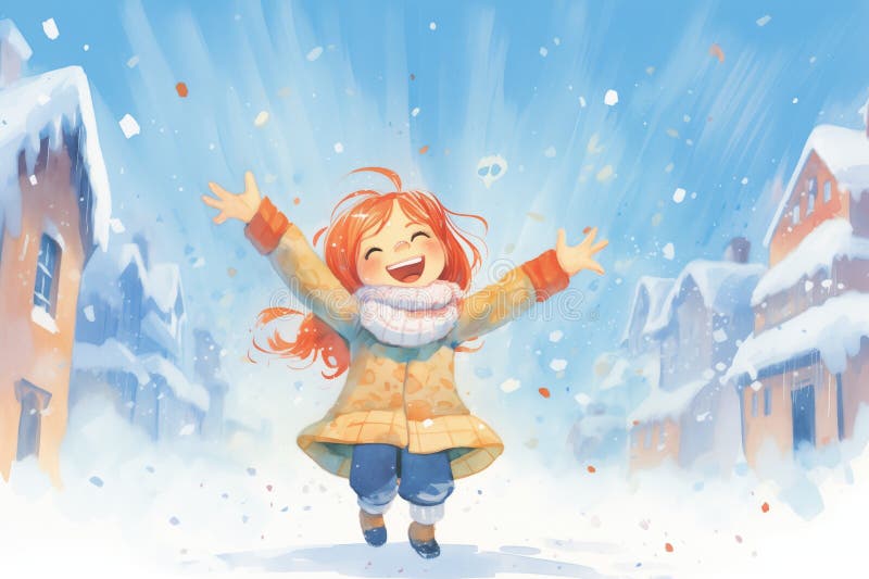 Little Girl Throwing Snow in the Air, with a Joyous Expression Stock ...