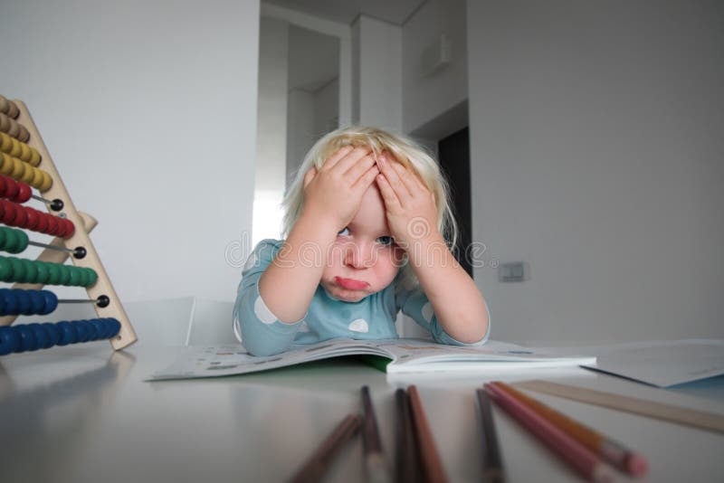 Little Girl Tired and Stressed of Reading, Doing Homework Stock Image ...