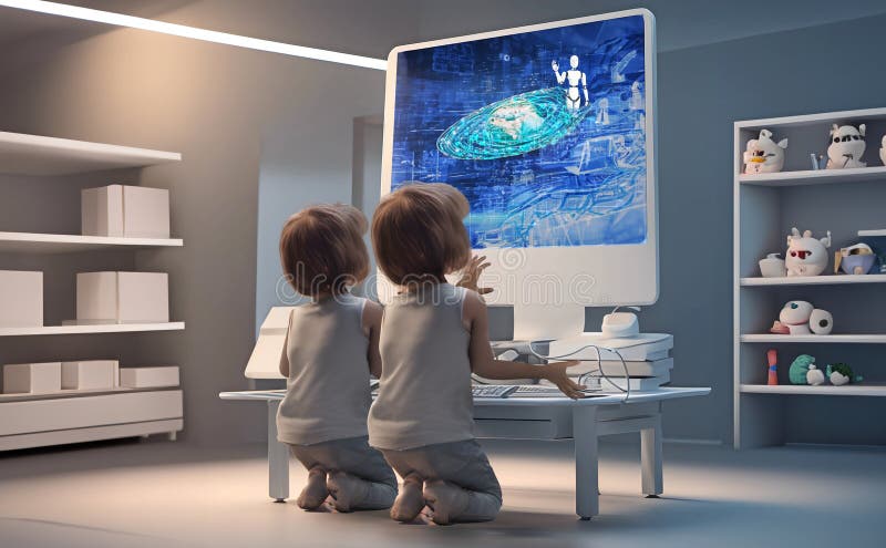 Little Girl Twin Learn with High Technology Computer, AI Generated ...