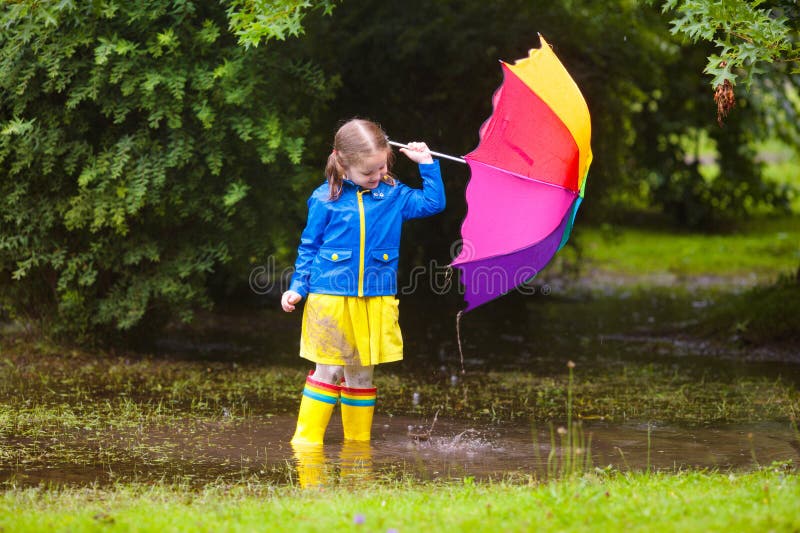 Little Girl with Umbrella in the Rain Stock Photo - Image of nature ...