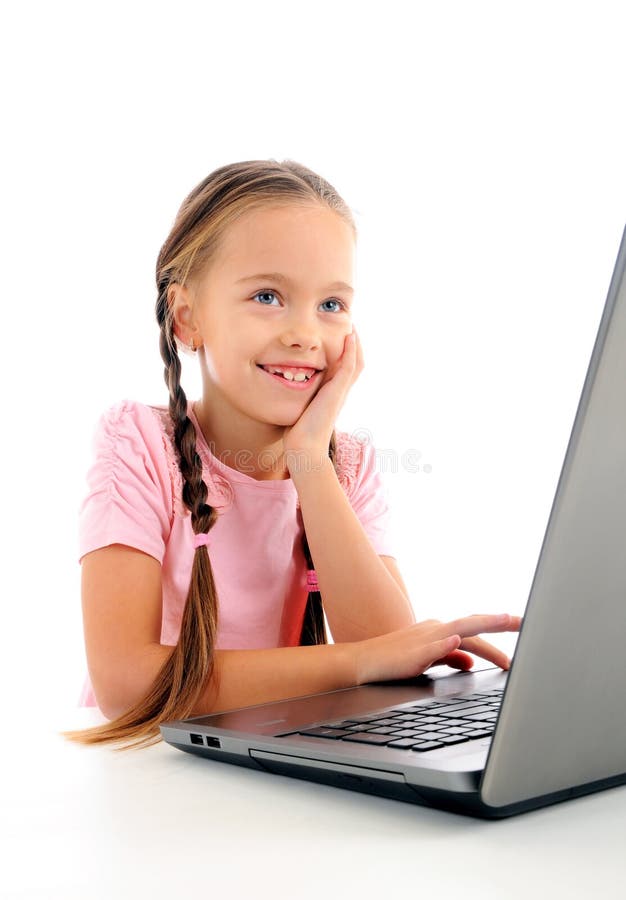 Girl Child Using Laptop Computer at Home Stock Image - Image of ...