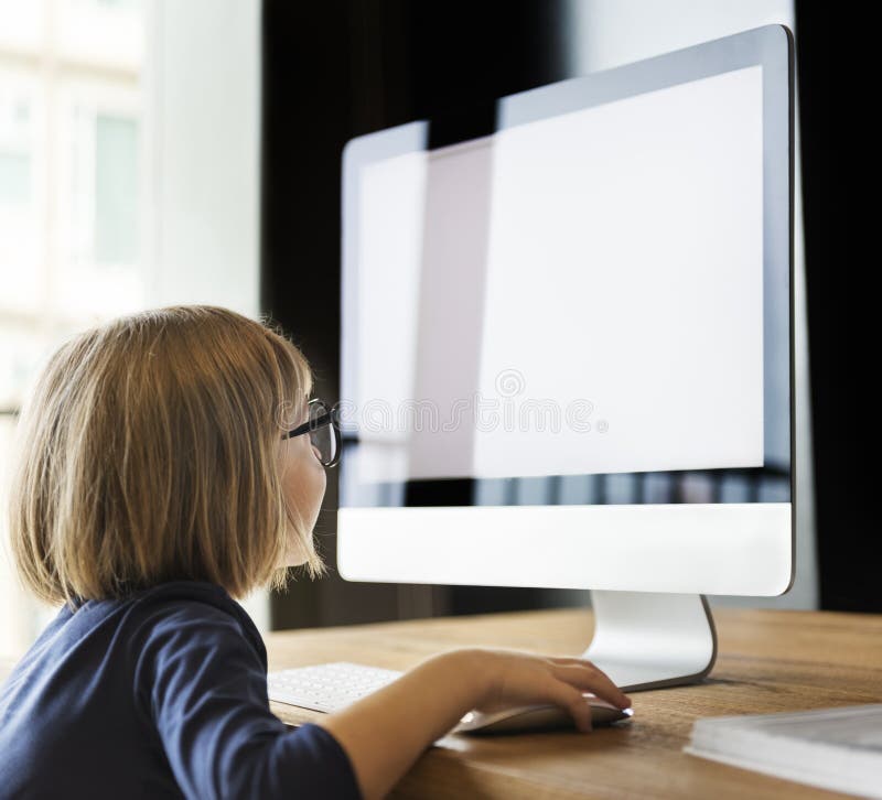 Little Girl Using Computer Concept Stock Photo - Image of glasses ...