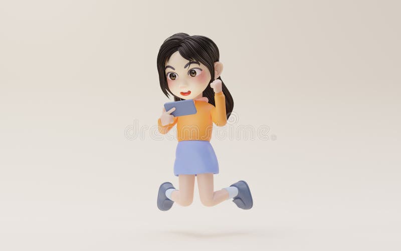 Little Girl Using Mobile Phone with Cartoon Style, 3d Rendering Stock ...