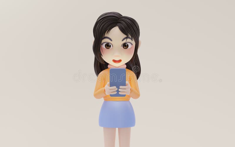 Little Girl Using Mobile Phone with Cartoon Style, 3d Rendering Stock ...