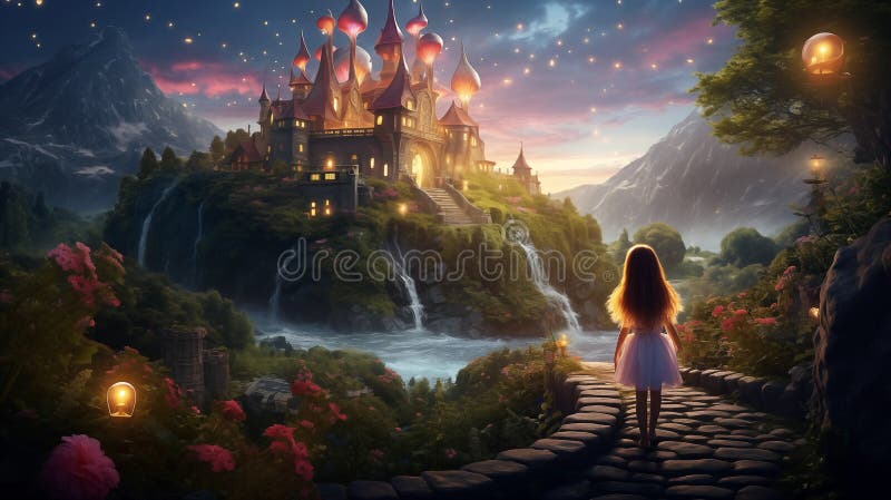 The Little Girl Walking through Magical Forest To a Magic Castle Stock ...