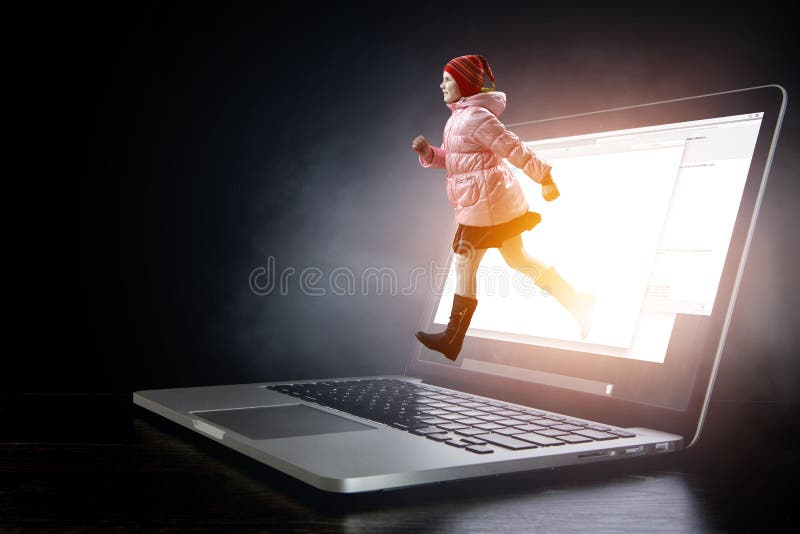 Little Girl Walking Out of Computer Sreen Stock Photo - Image of view ...