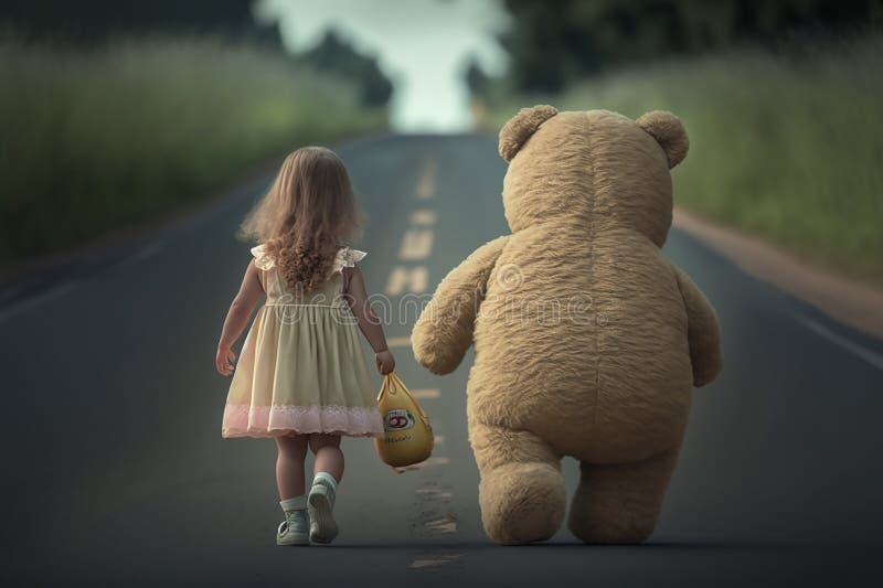 A Little Girl Walks Down the Road with a Teddy Bear Stock Illustration ...