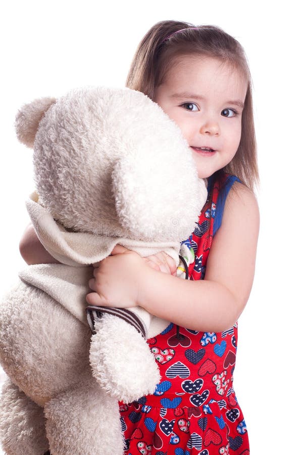 Little Girl on White with Bear Stock Photo - Image of happiness ...