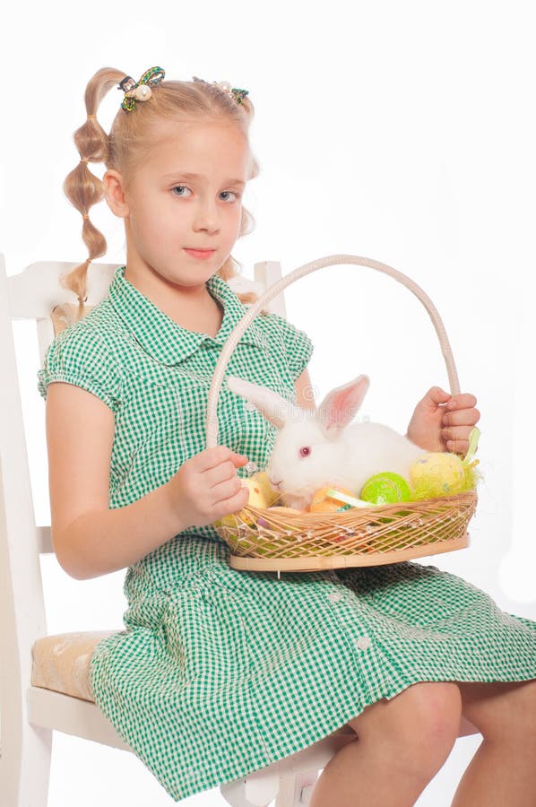 Little Girl with a White Rabbit in Basket Easter Eggs Stock Image ...