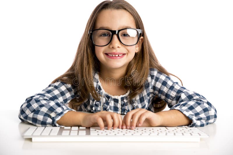 Little Girl Working with a Computer Stock Photo - Image of cheerful ...