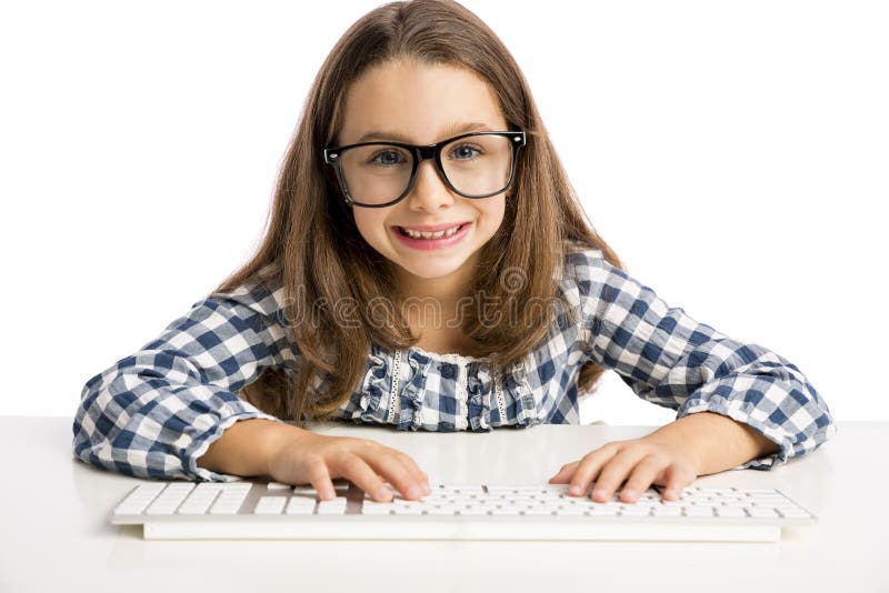 Little Girl Working with a Computer Stock Photo - Image of couch, nerd ...