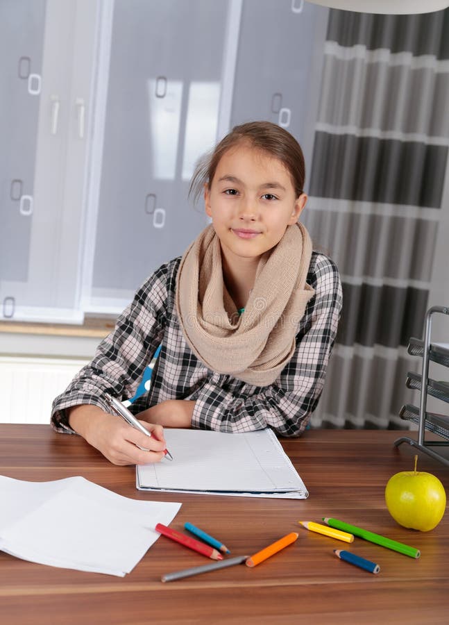 Little Girl Working on Her School Project at Home. Stock Photo - Image ...