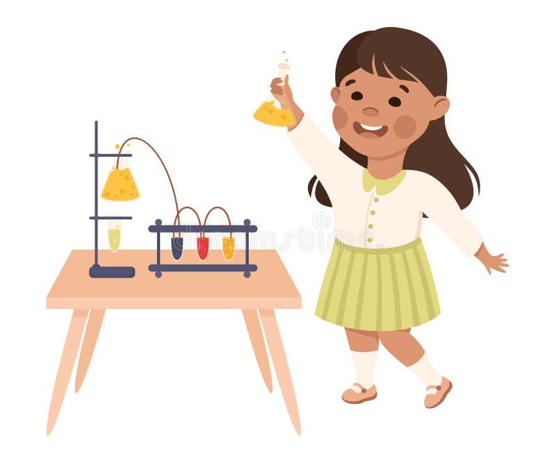 Little Girl Working on Physics Science Experiment with Flask Vector ...