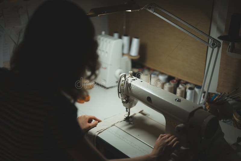 Girl Working on Sewing Machine at Home Stock Image - Image of fabric ...