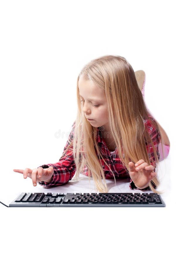 A Little Girl Writes on the Keyboard Stock Image - Image of little ...