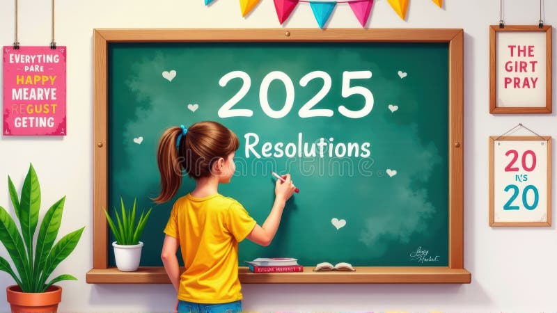 Little Girl Writing 2025 Resolutions on Blackboard Stock Illustration ...