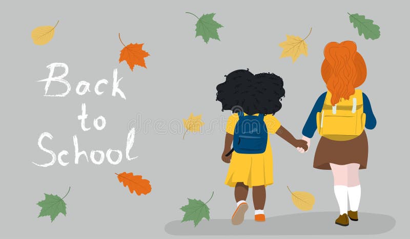 Little Girls with Backpack Go To School for the First Time Stock Vector ...