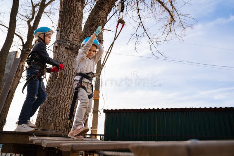 Two Girls Climb the Path To the Hill in the Green Forest, One Girl ...