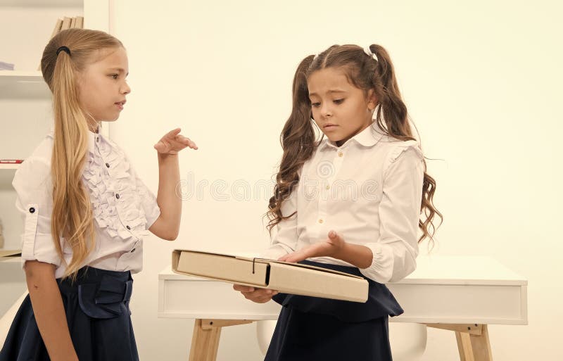 Little Girls Discuss Problem on School Day. Little Girls Work on ...